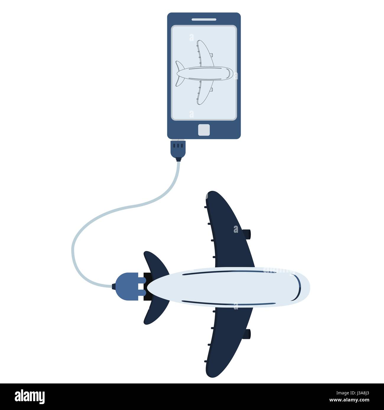 Plane connected to a cell phone through a usb cable. Outline of the ...