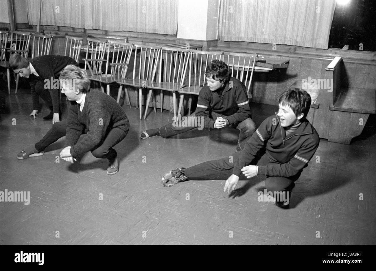 Skiers doing dry training, 1962 Stock Photo - Alamy