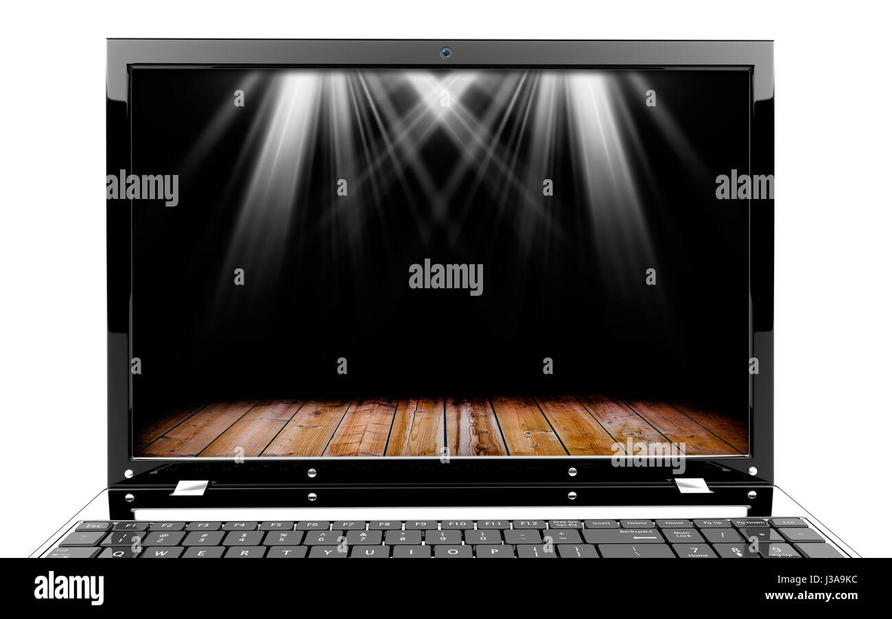 Focus on the screen of a laptop with a dark room with spot lights Stock ...