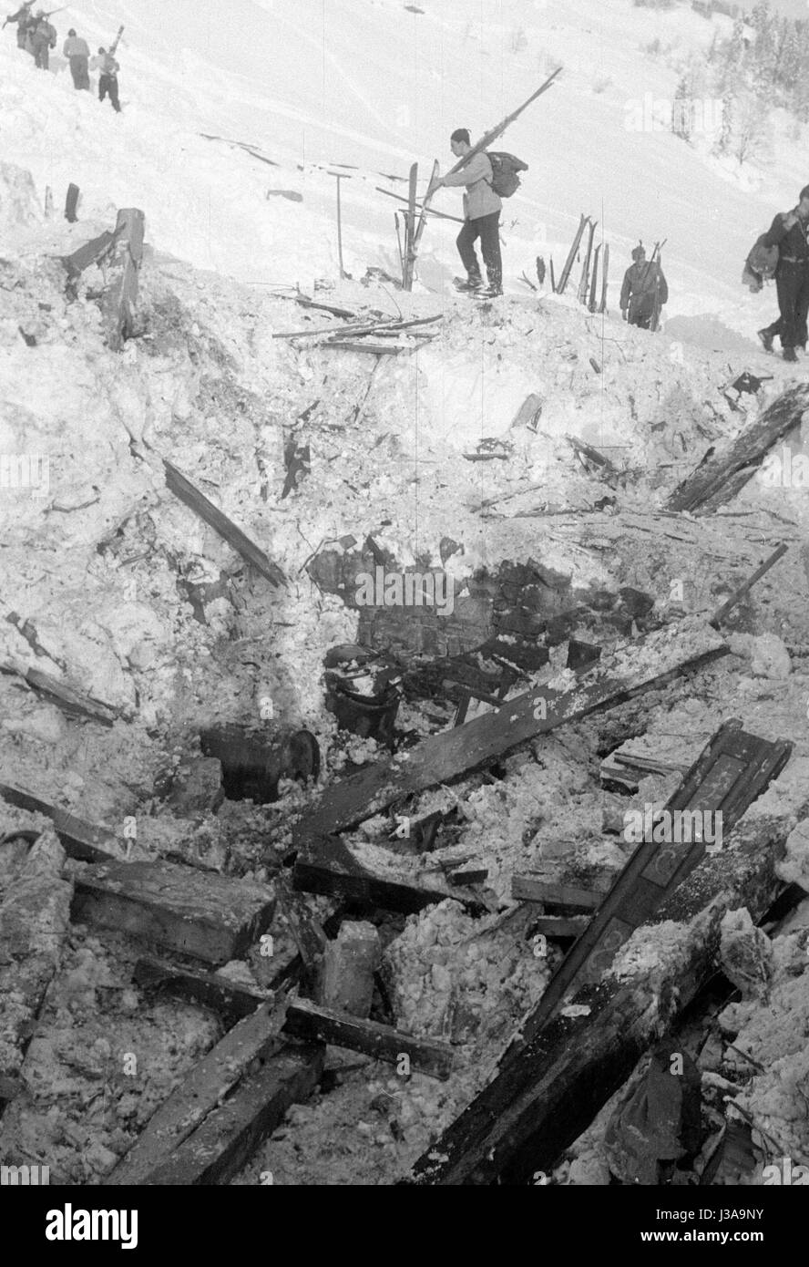 Remains of a destroyed house at Blons after the avalanches, 1954 Stock ...