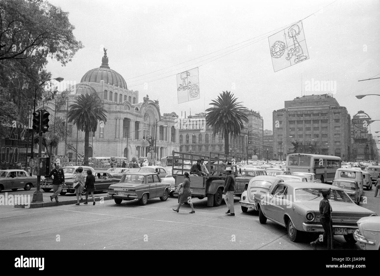 Traffic jam in the historical center of Mexico City, 1970 Stock Photo ...