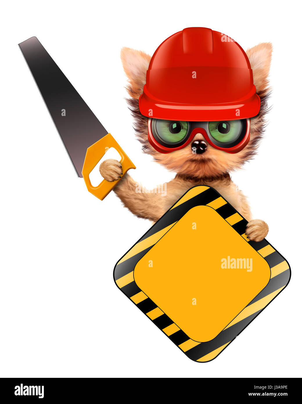 Funny dog with construction tools and sign isolated on white background ...