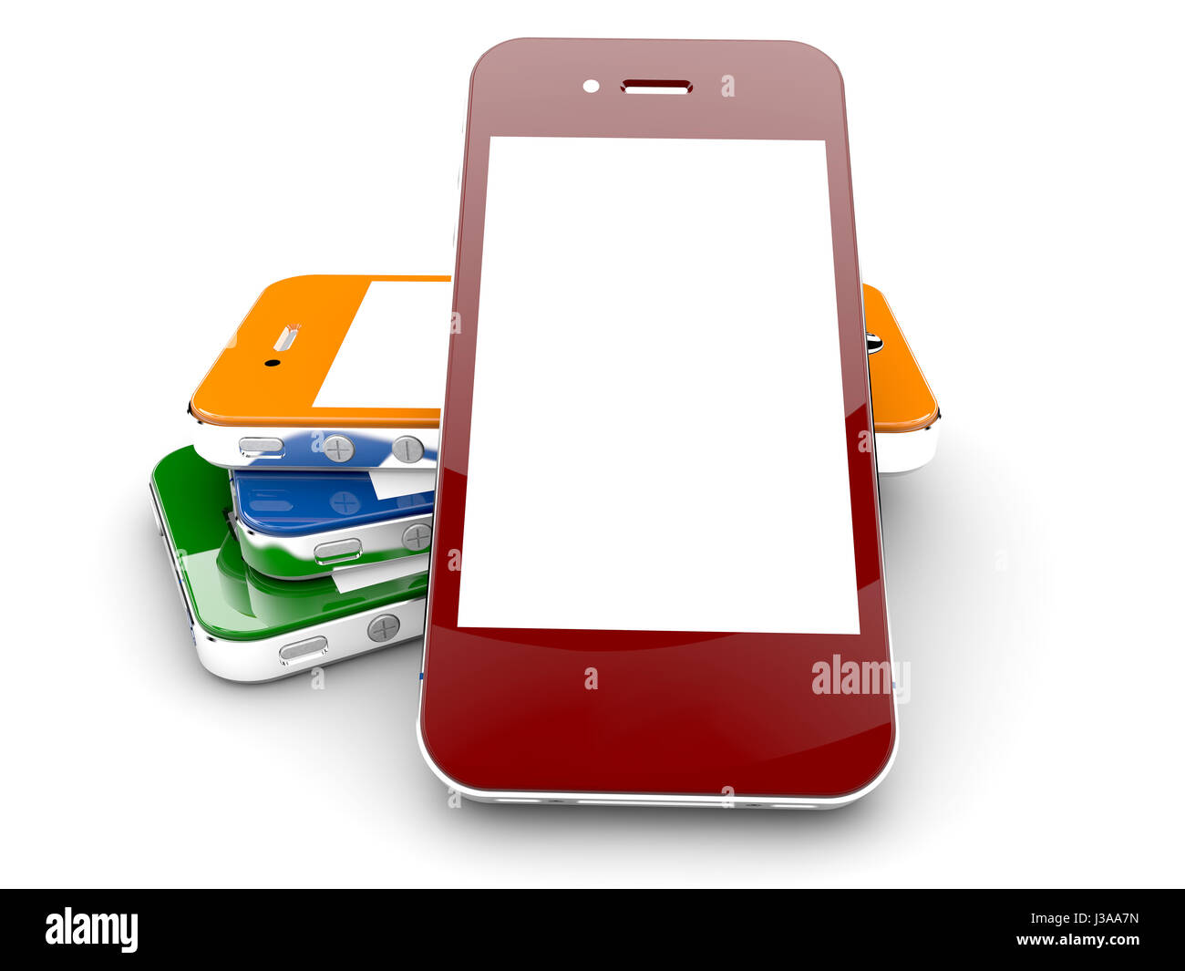 Four colored smartphones isolated on a white background with white ...
