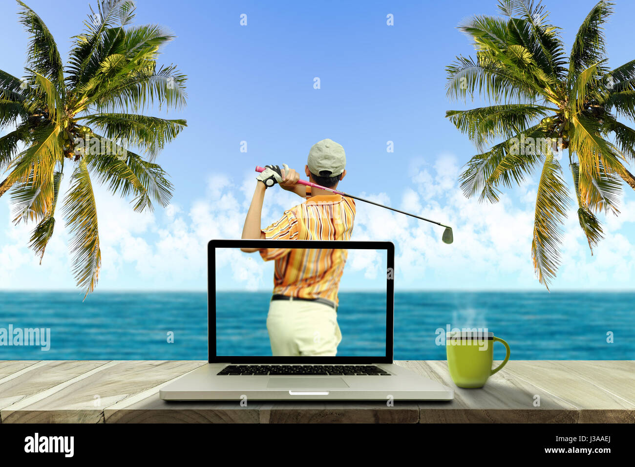Golfers men player golf hit swing shot on course outside the beach to ...