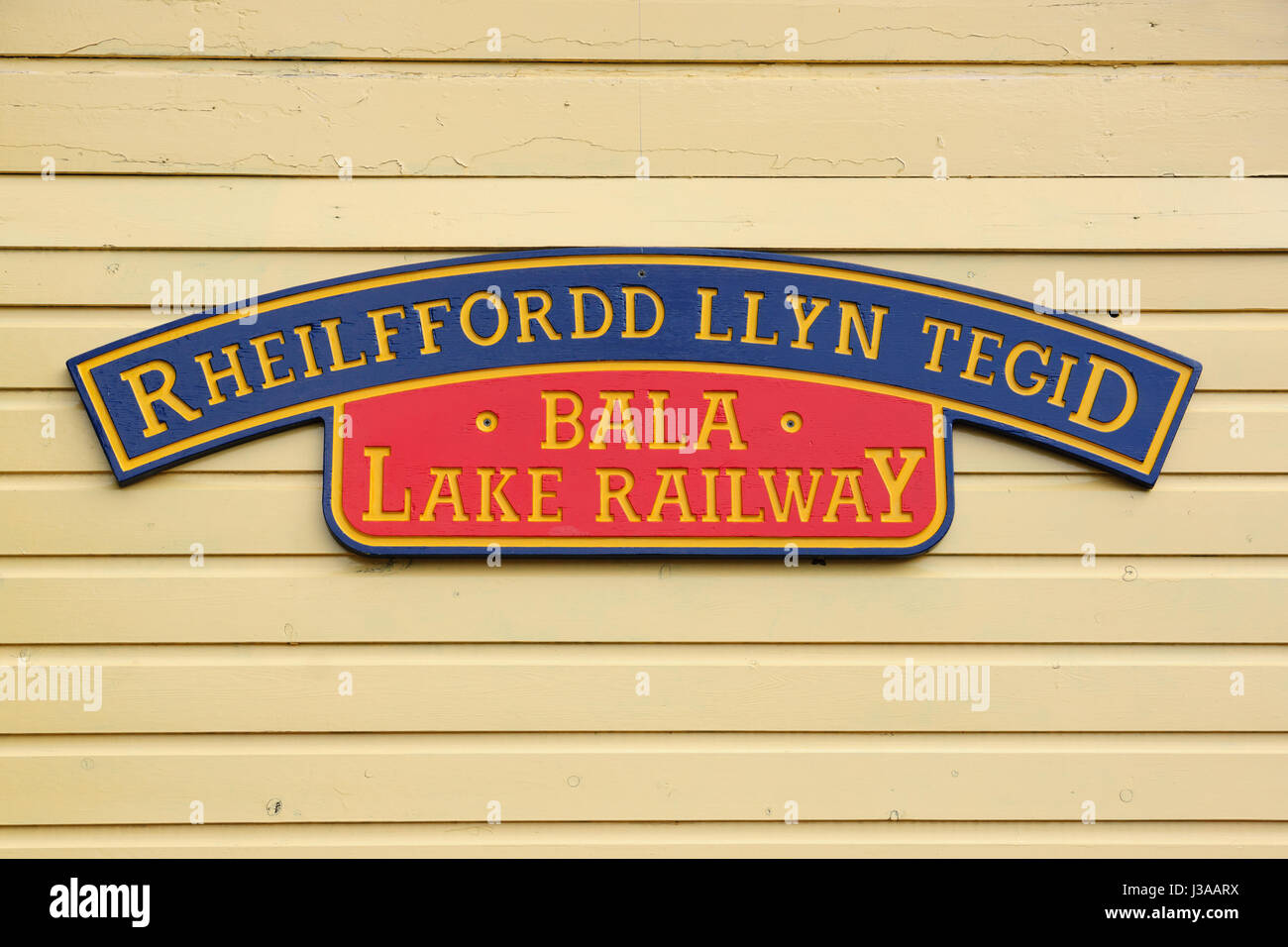 Station sign at the Bala Lake Railway or Rheilffordd Llyn Tegid in ...