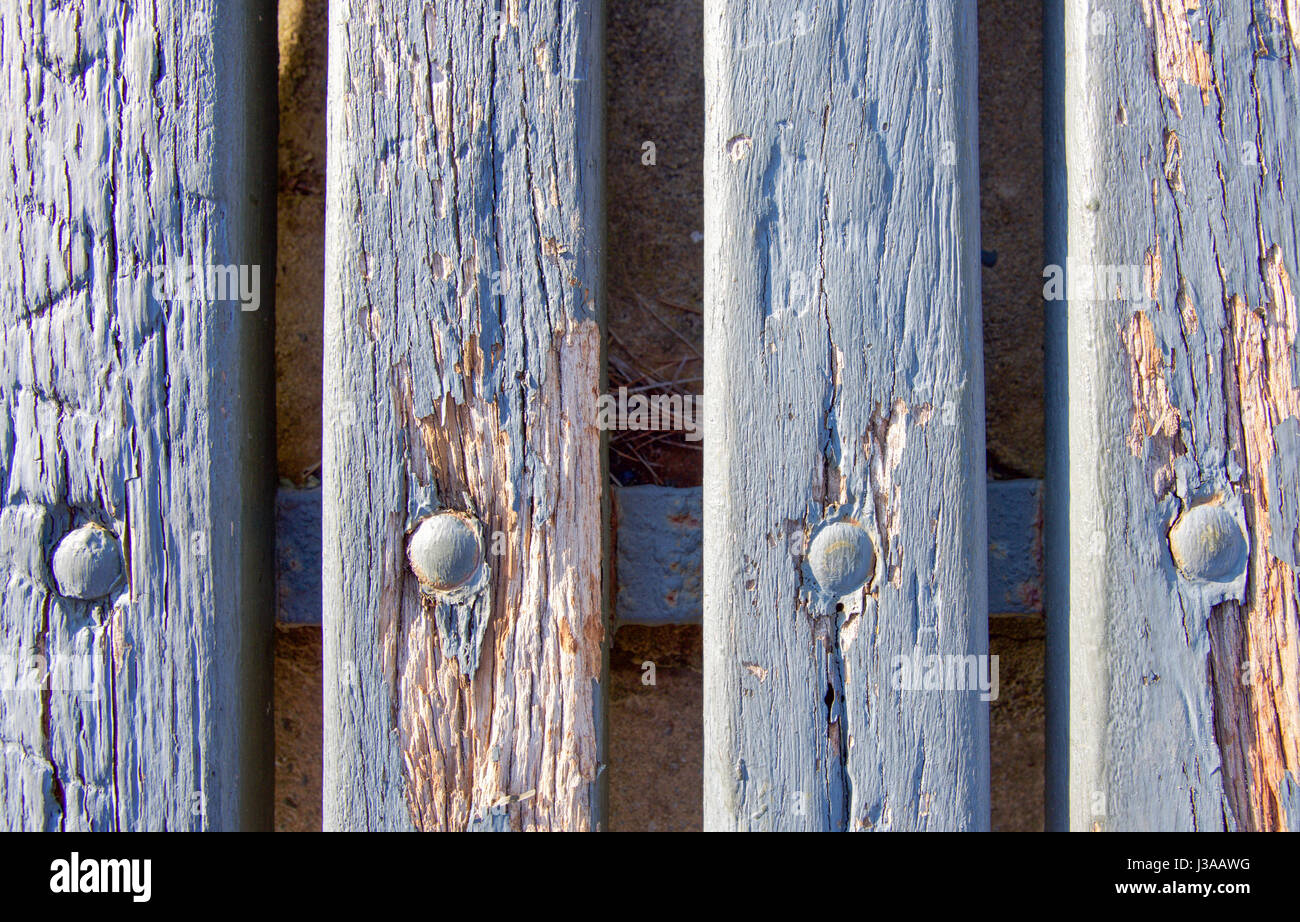 Overhead view of weathered, light blue outdoor bench at Manning Park in ...
