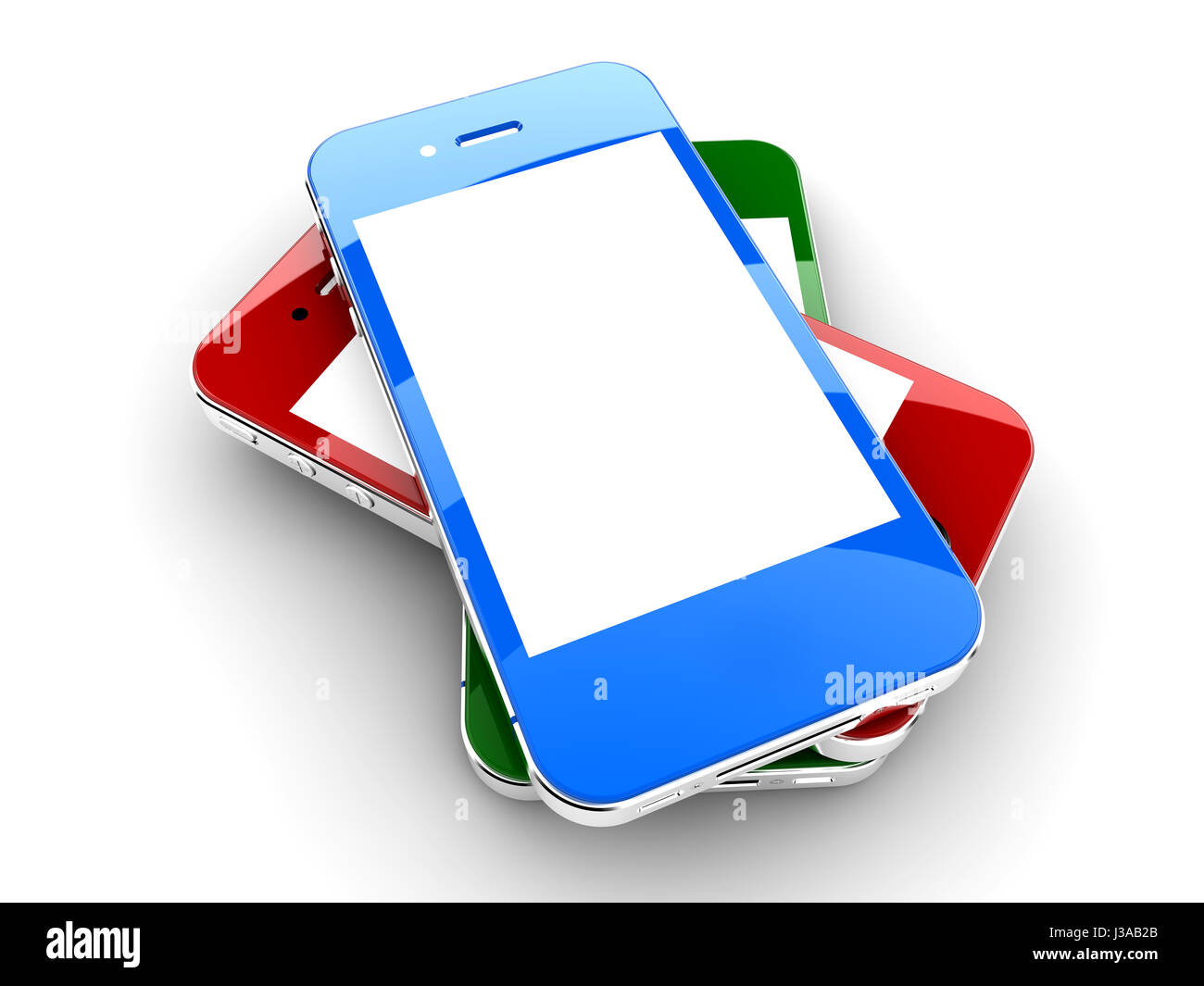 Three colored smartphones isolated on a white background with white ...