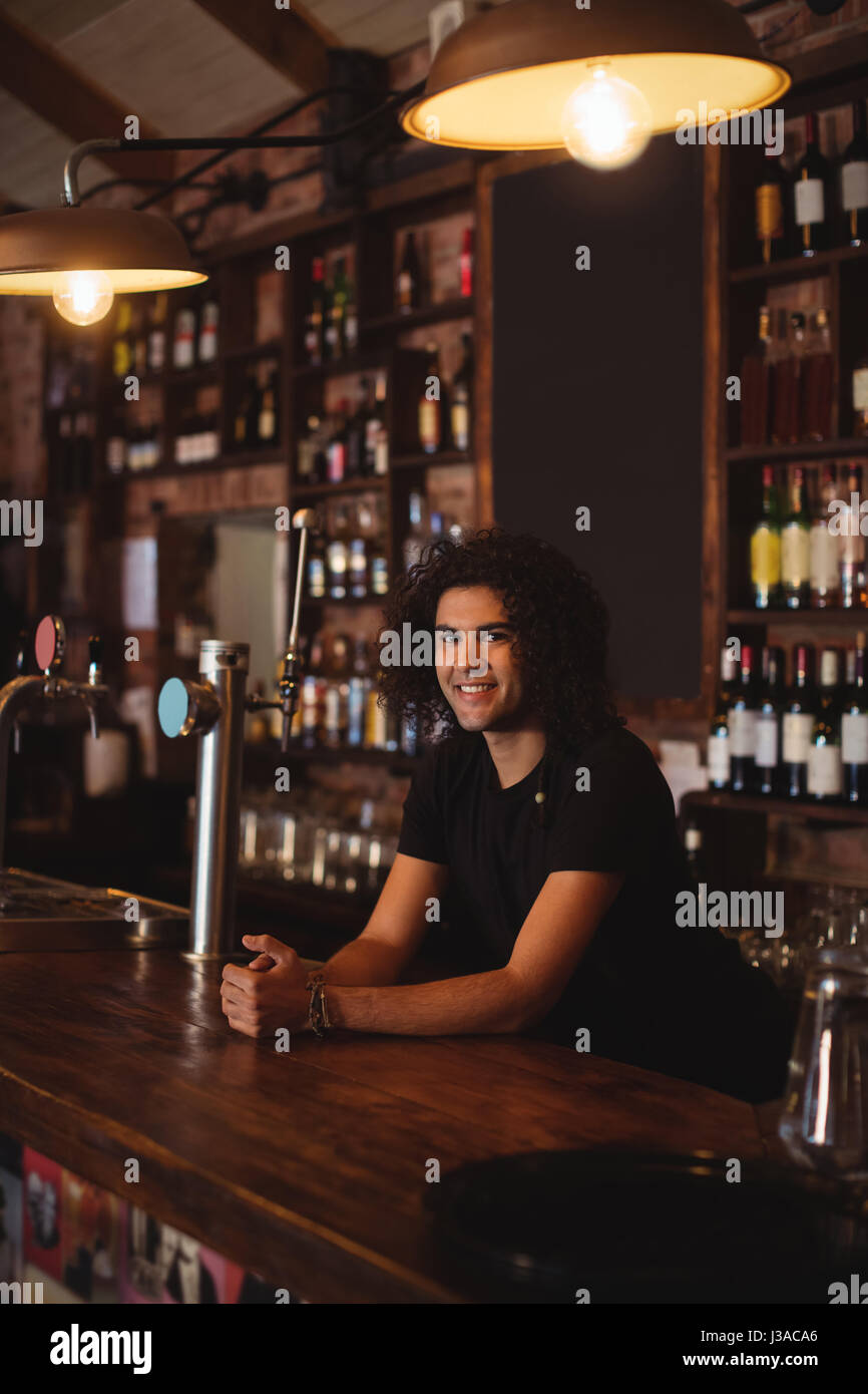 Portrait of male bar tender at bar counter Stock Photo - Alamy