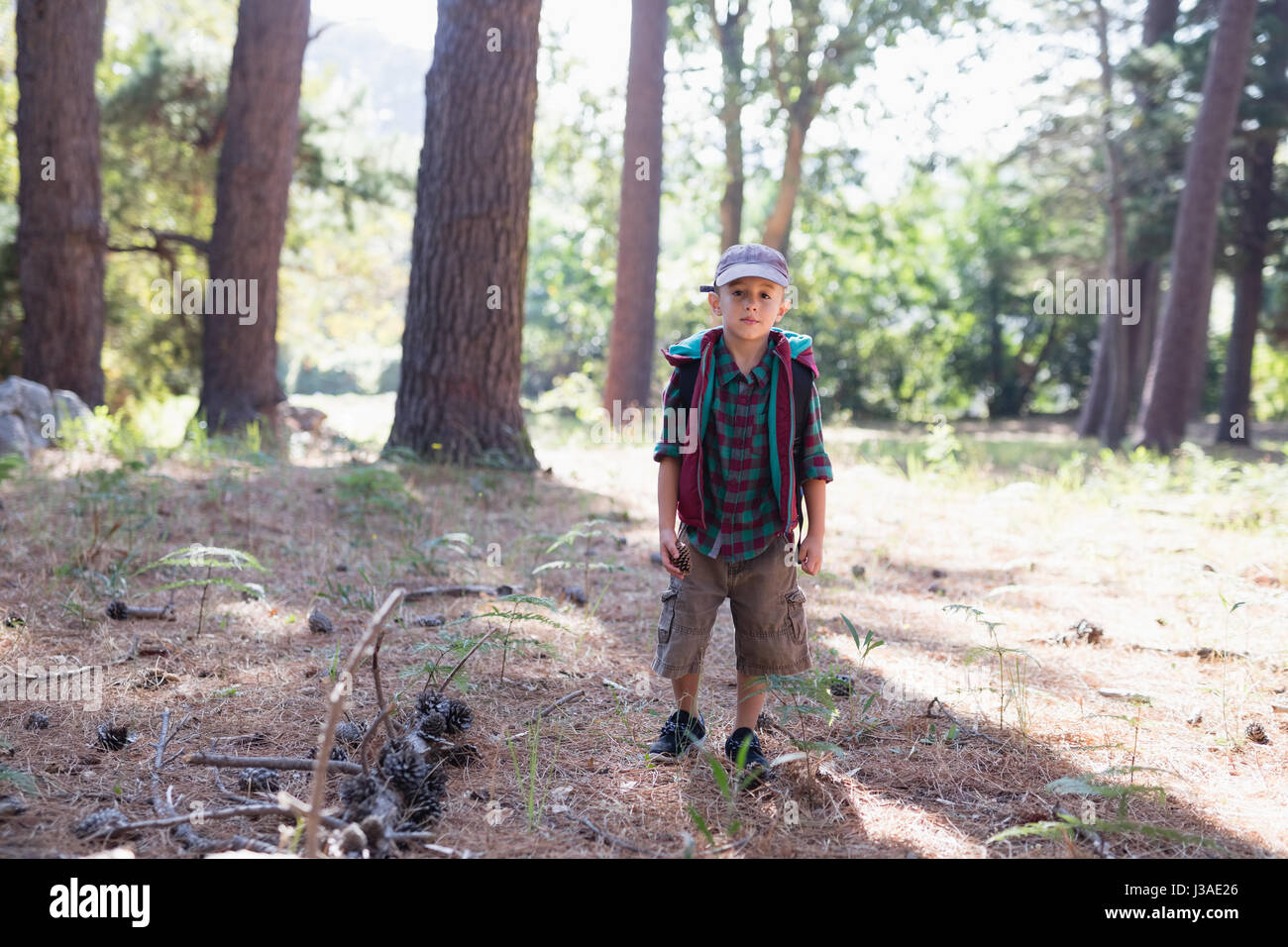 Portrait of boy wearing cap hiking in forest Stock Photo - Alamy