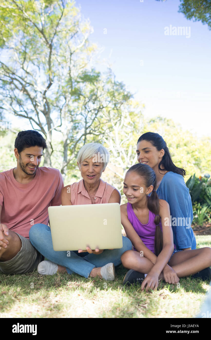 Smiling family using laptop in the park Stock Photo - Alamy