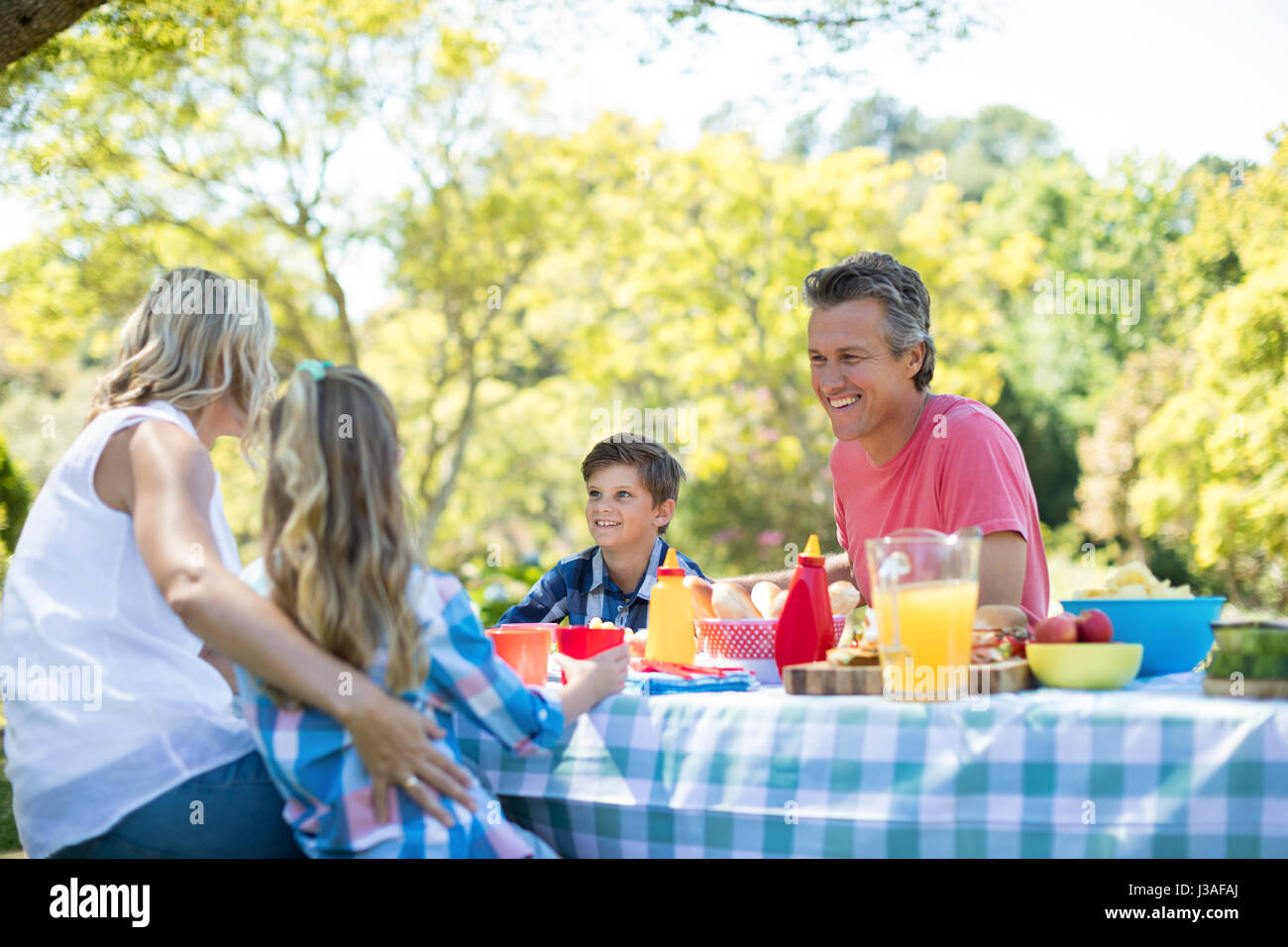 Happy family interacting with each other while having meal in park on a ...