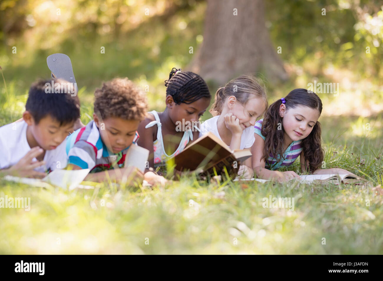 Group of friends reading book while lying on grassy field at campsite ...
