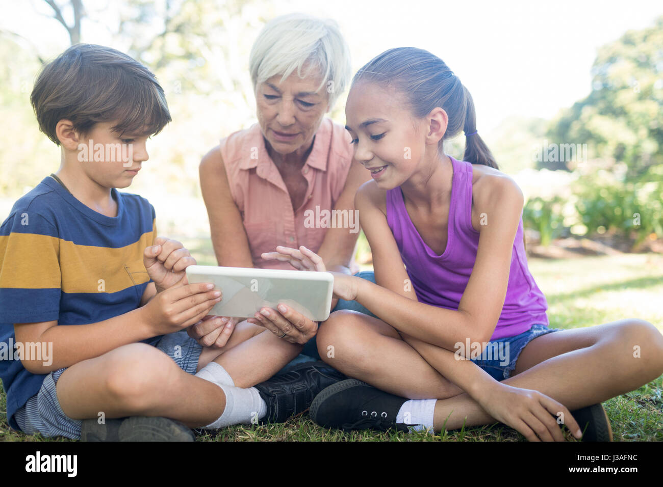 Grandmother and grand kids using digital tablet in the park on sunny ...