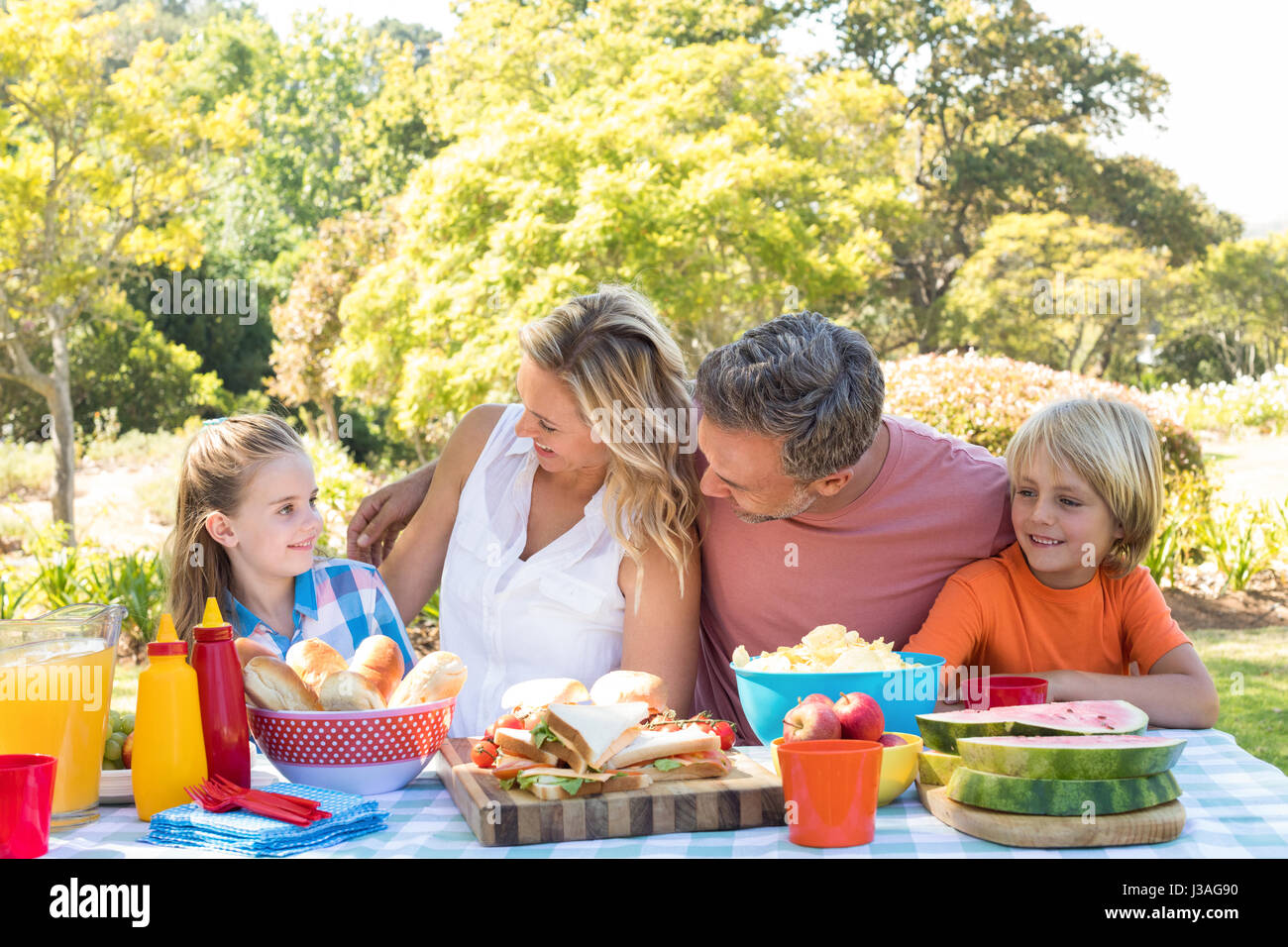 Happy family interacting with each other while having meal in park on a ...