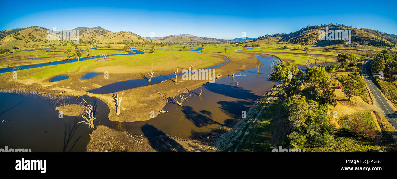 Aerial panorama of beautiful Australian countryside pastures and ...