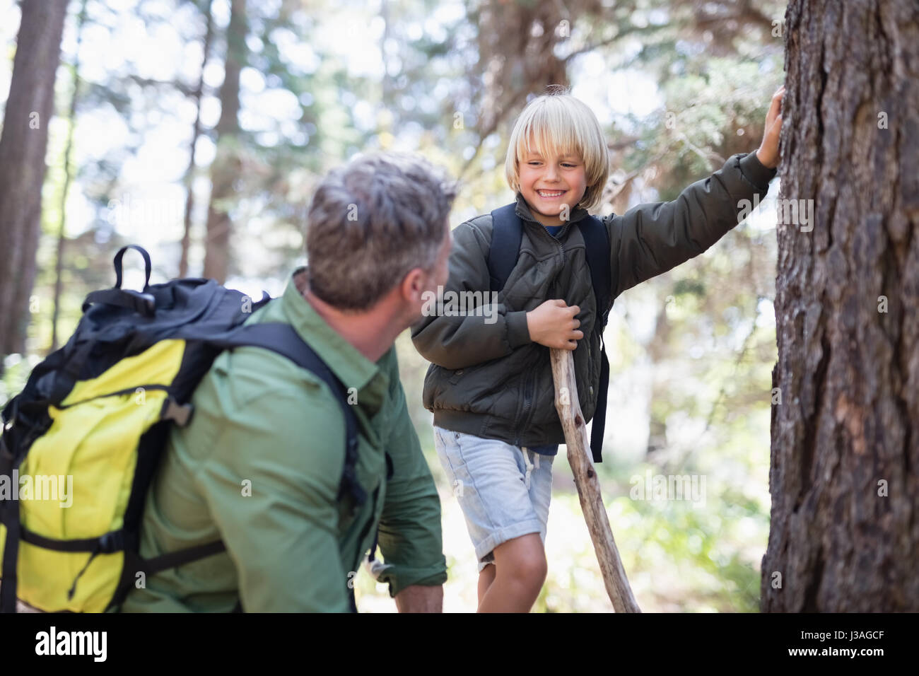 Boy touching tree trunk hi-res stock photography and images - Alamy