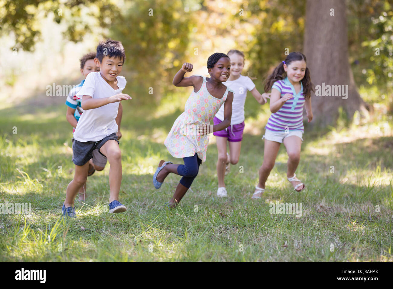 Playful children running on grassy field at campsite Stock Photo - Alamy