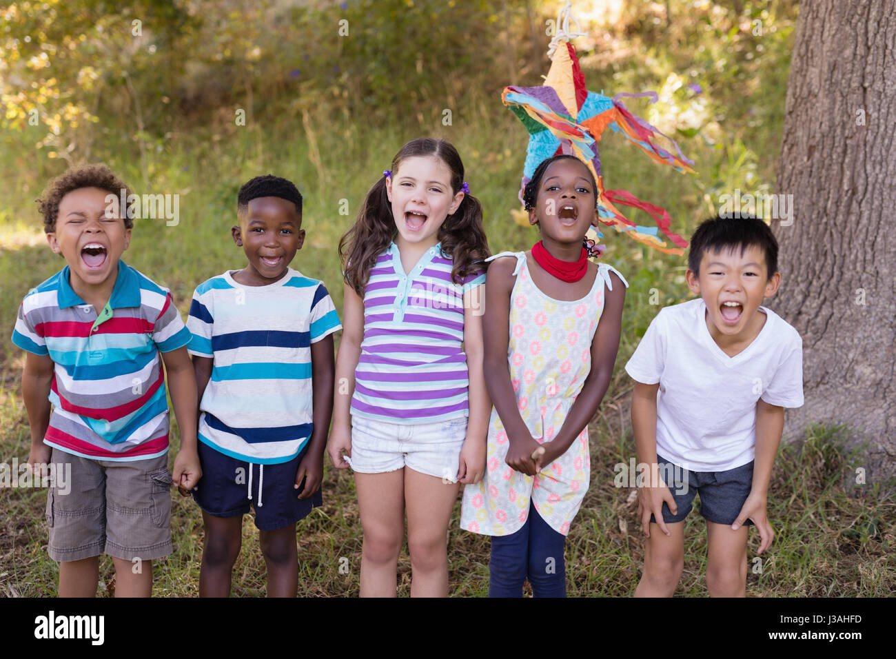 Portrait of cheerful friends screaming while standing on grassy field ...