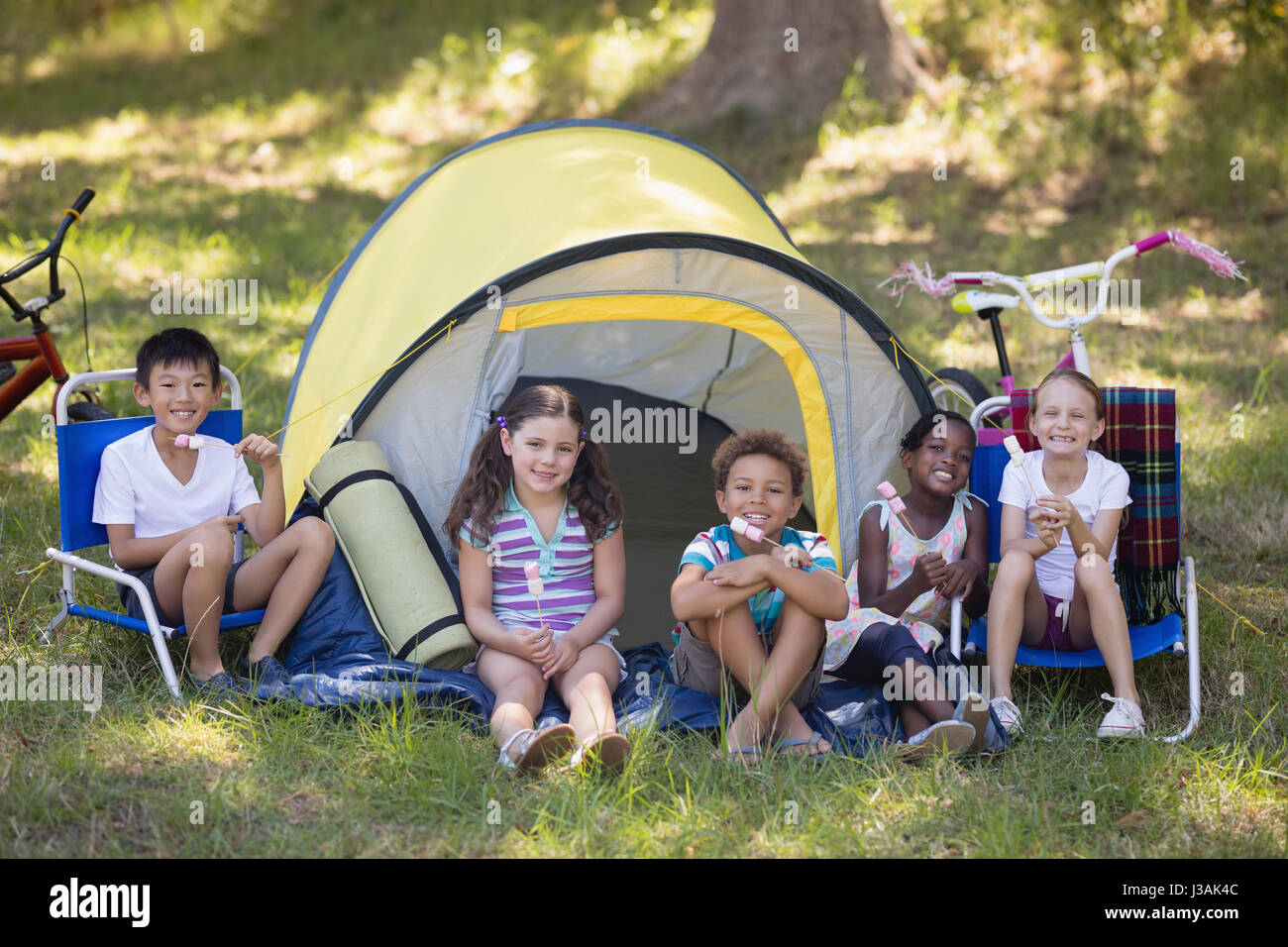 Portrait of cheerful children sitting outside tent at campsite Stock ...
