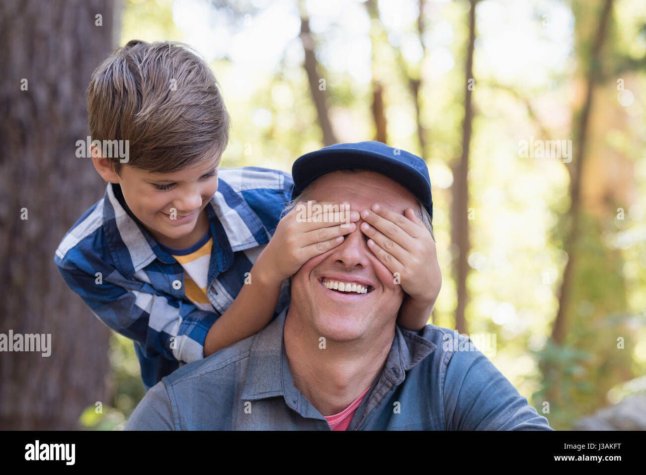 Playful boy covering fathers eyes in forest Stock Photo - Alamy