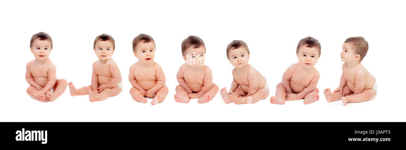 Seven equal babies sitting on the floor isolated on a white background ...
