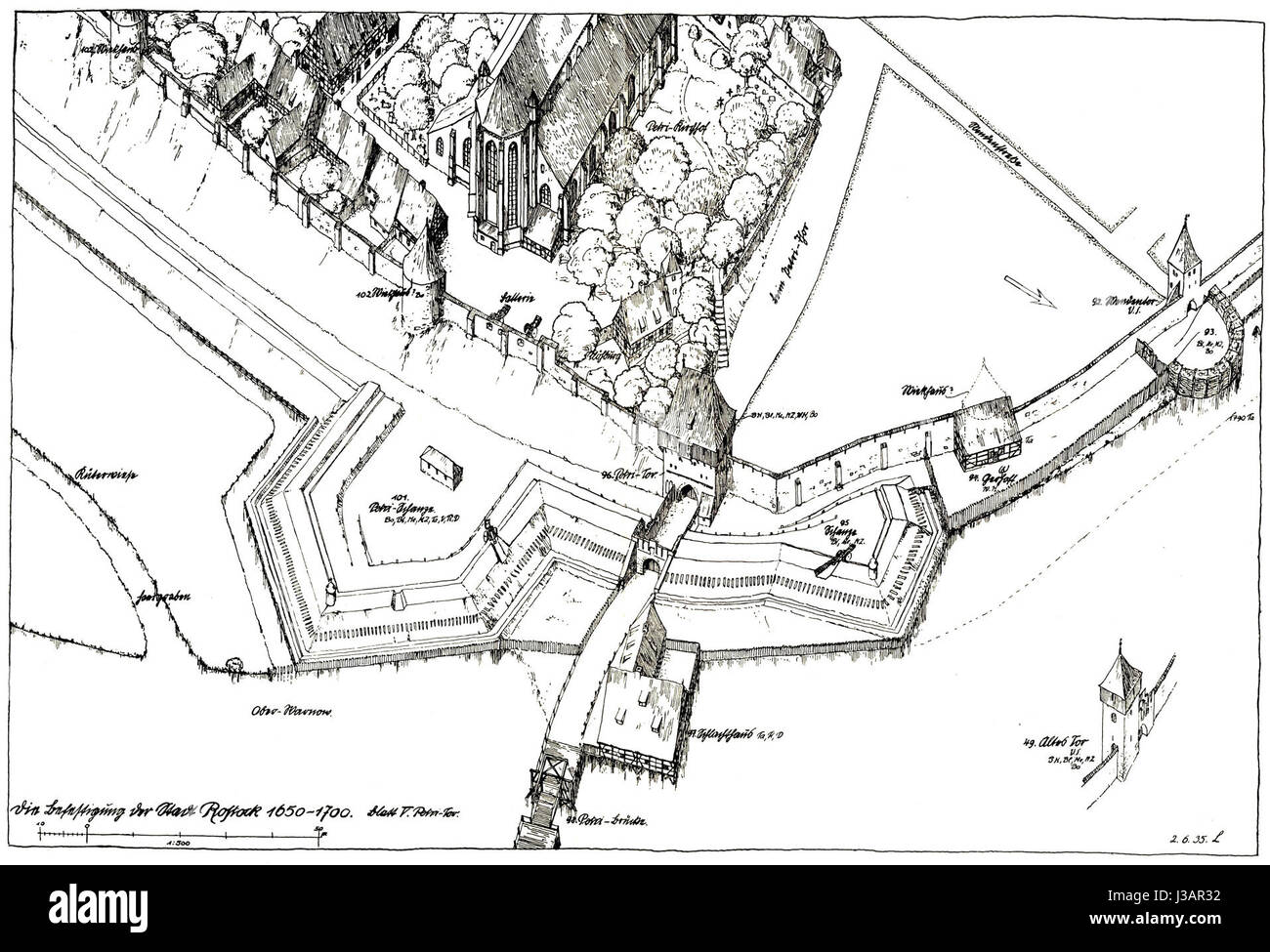 This historical document depicts the fortifications of Rostock, Germany ...