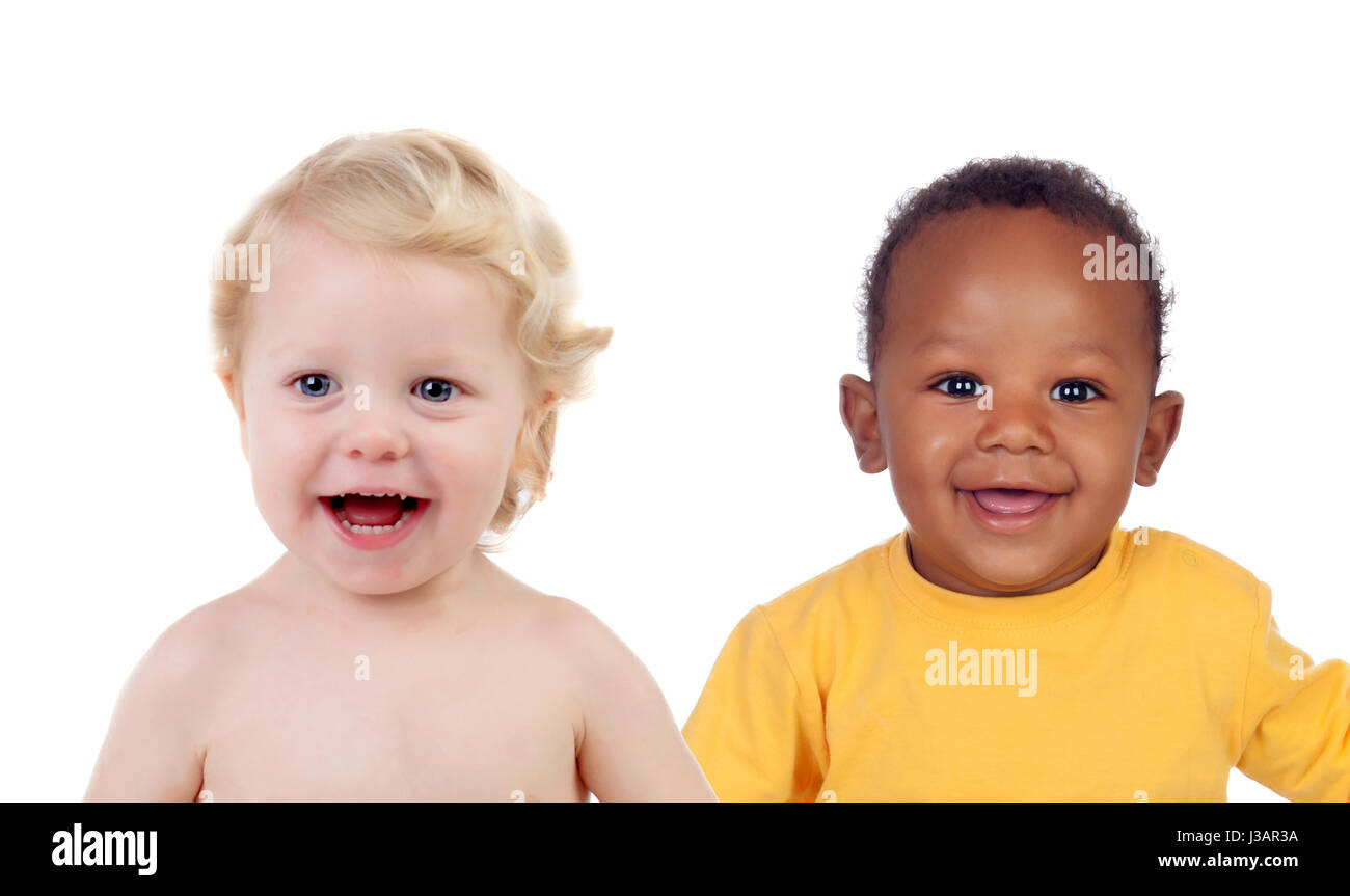 Two beautiful different children isolated on a white background Stock ...
