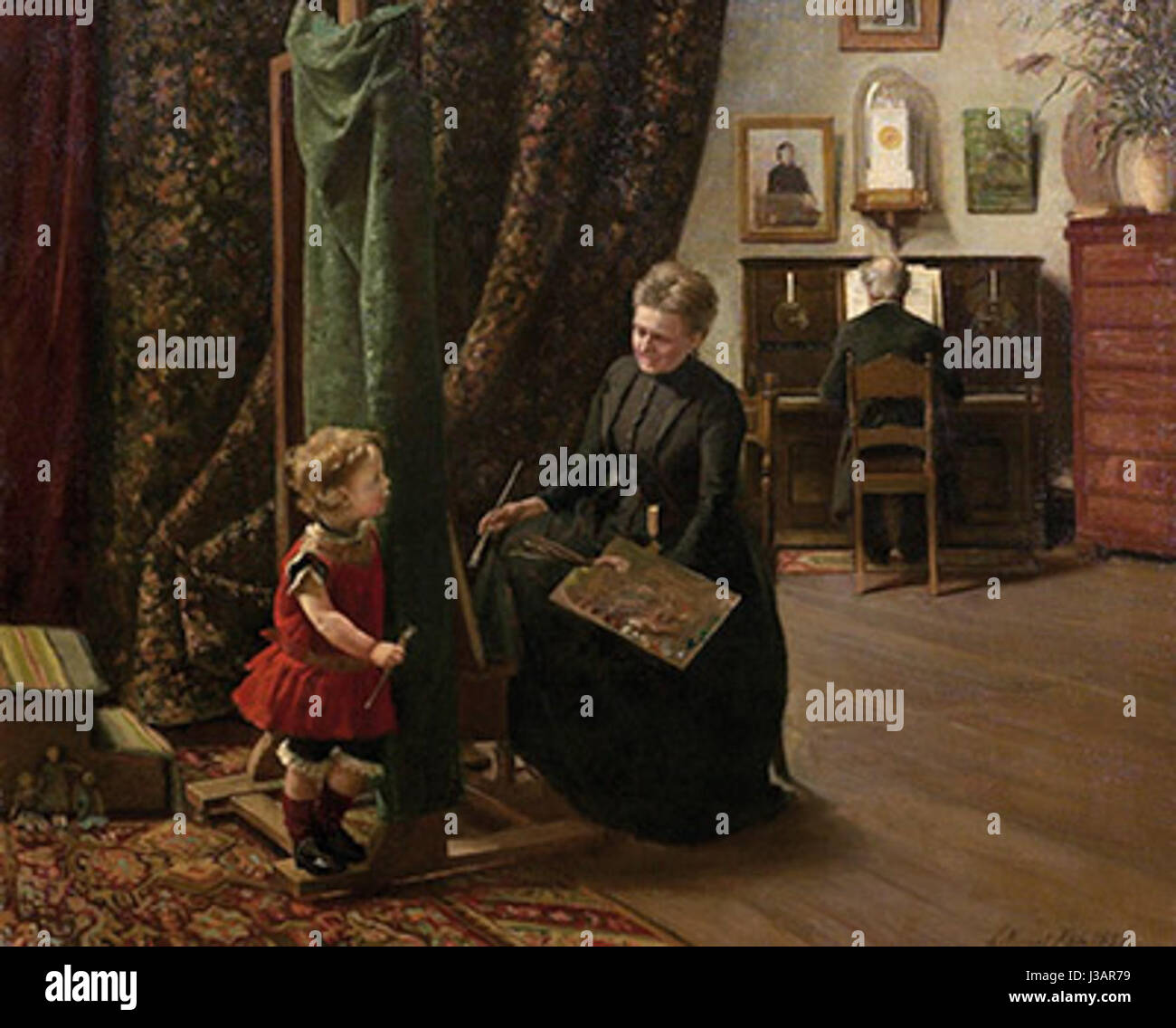 This artwork by Emilie Mundt depicts a painter (Malerinde) with a child ...