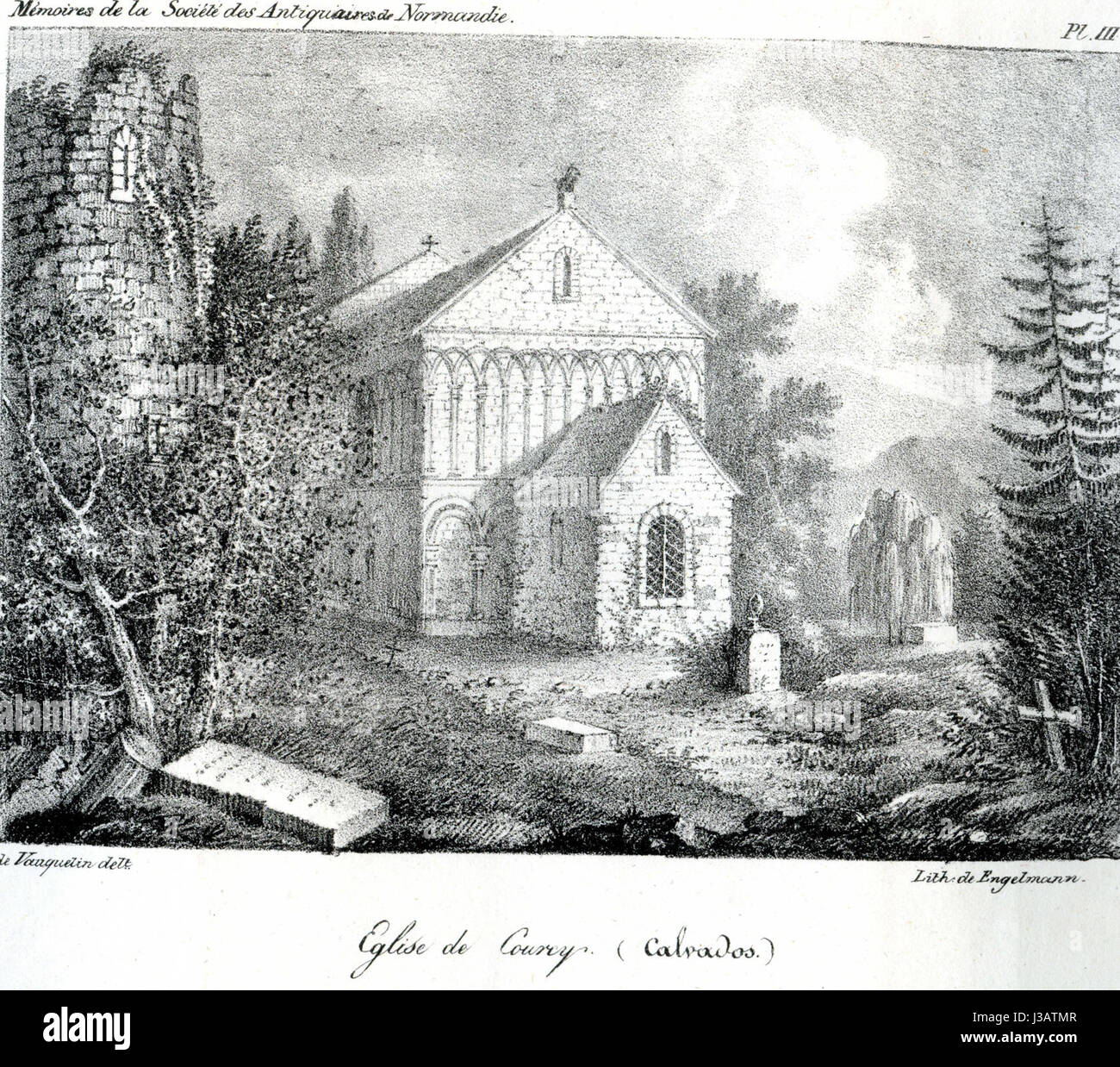 The lithograph depicts the Church of Courcy, a historical church in ...