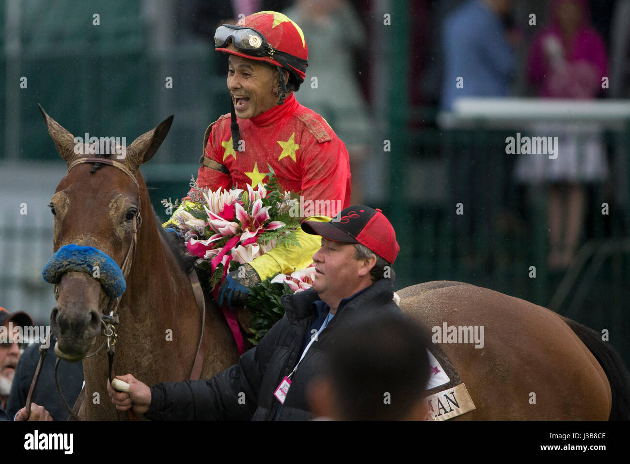 Lexington, KY, USA. 5th May, 2017. Mike Smith aboard Abel Tasman reacts ...