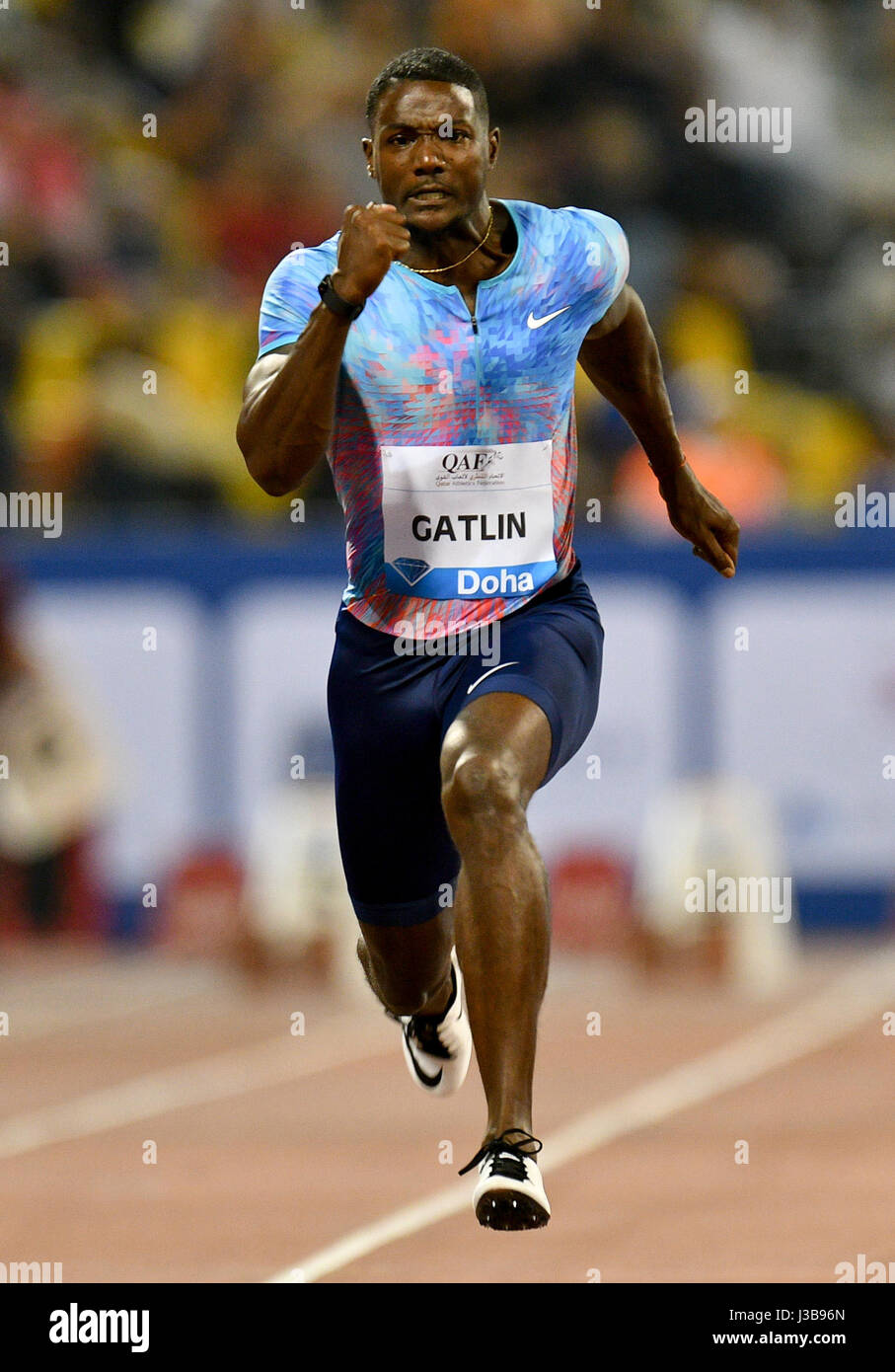 Doha, Qatar. 5th May, 2017. Justin Gatlin of the United States sprints ...