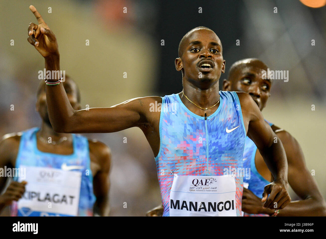 Doha, Qatar. 5th May, 2017. Elijah Motonei Manangoi of Kenya celebrates ...
