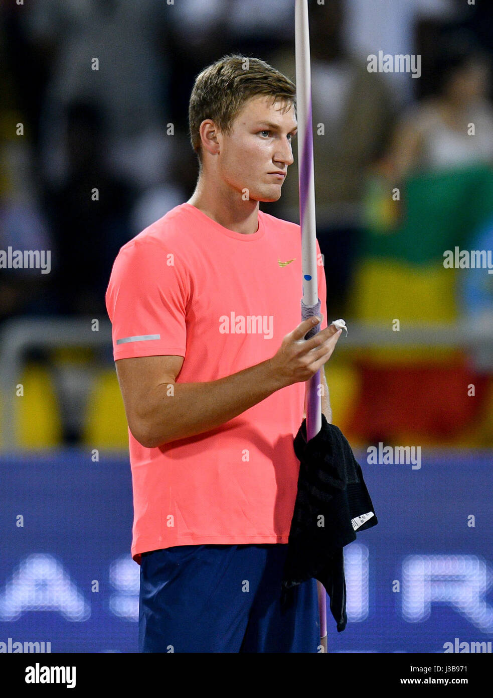 Doha, Qatar. 5th May, 2017. Thomas Rohler of Germany looks on during ...