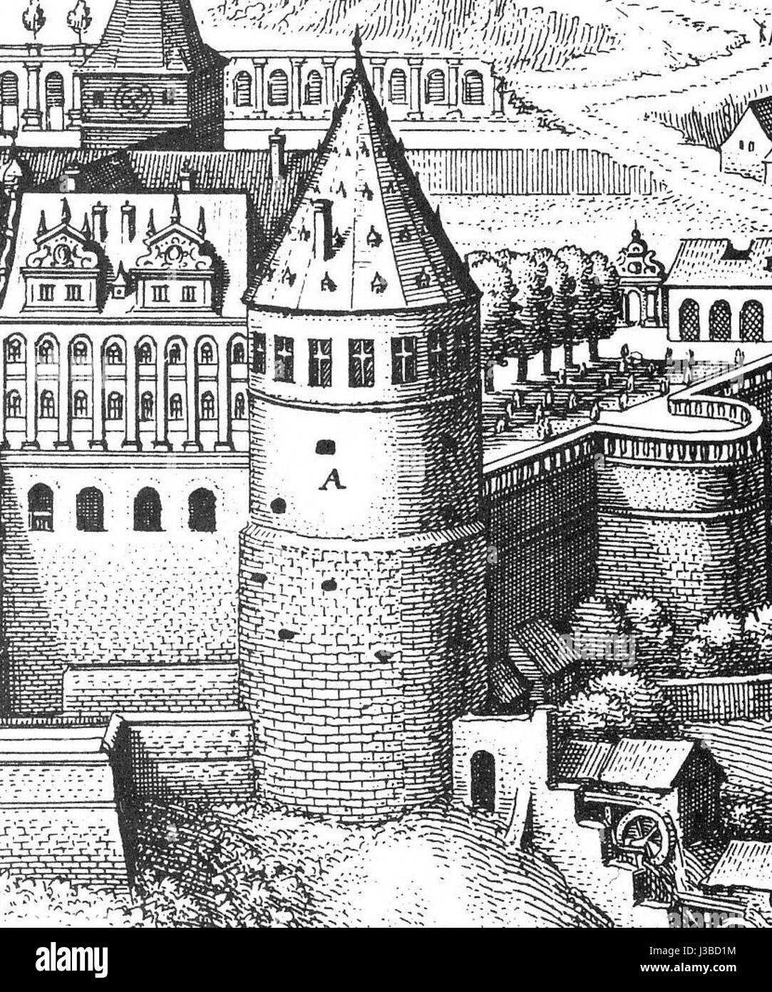 The Dicker Turm (Fat Tower) in Heidelberg, depicted in a 1620 engraving ...