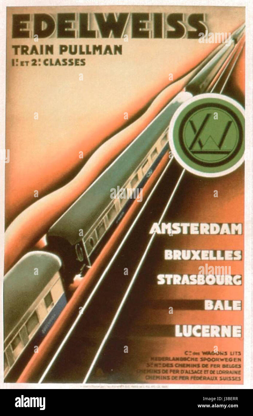 The 'Edelweiss Pullman' from 1928, illustrated by Petitjean, is a ...