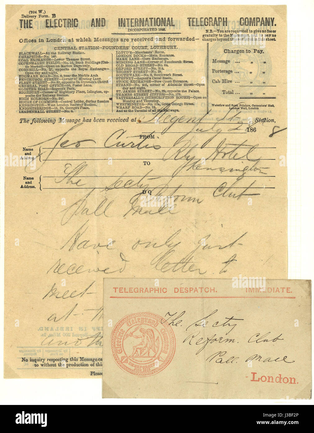 This telegram, sent by the Electric & International Telegraph Company ...