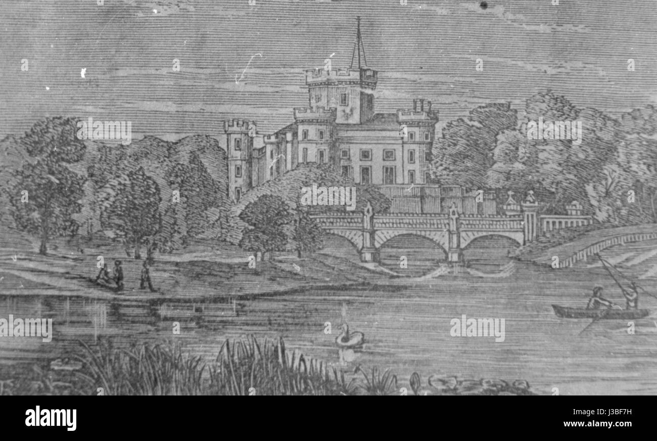 This image depicts Eglinton Castle in Irvine, Scotland, around 1840 ...