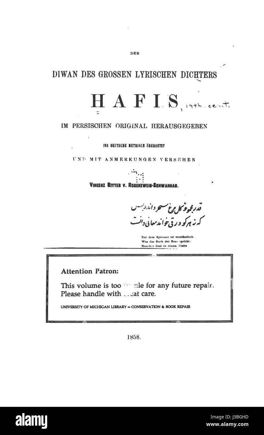 This page from 'Diwan des Grossen Lyrischen Dichters Hafis,' published ...