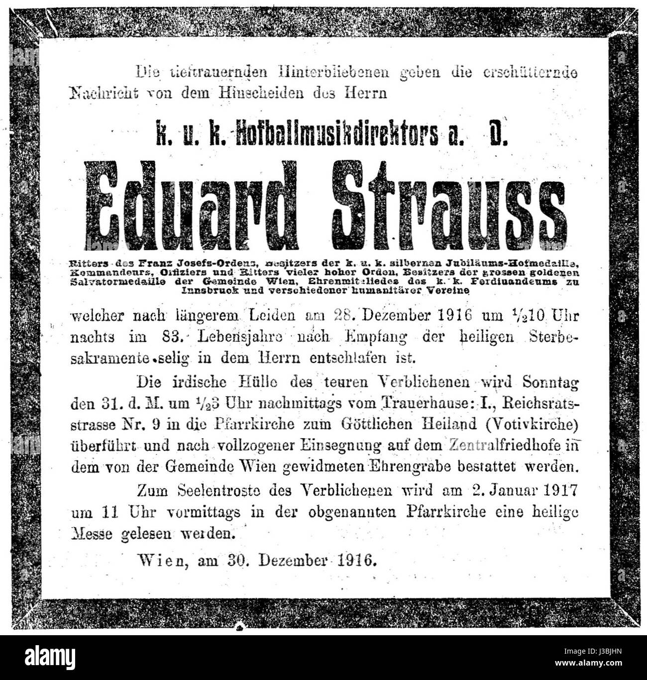 Eduard Strauss Todesanzeige death notice Stock Photo - Alamy