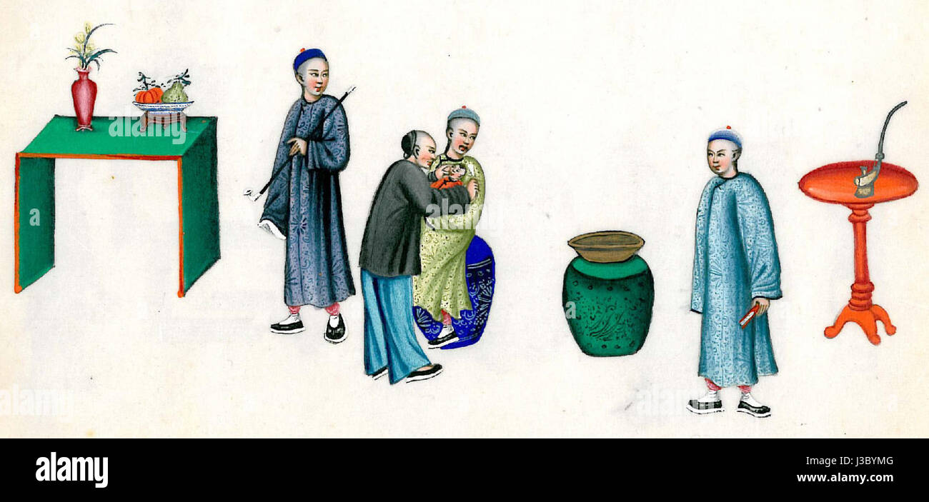 This image portrays scenes of everyday life in Old China, focusing on ...