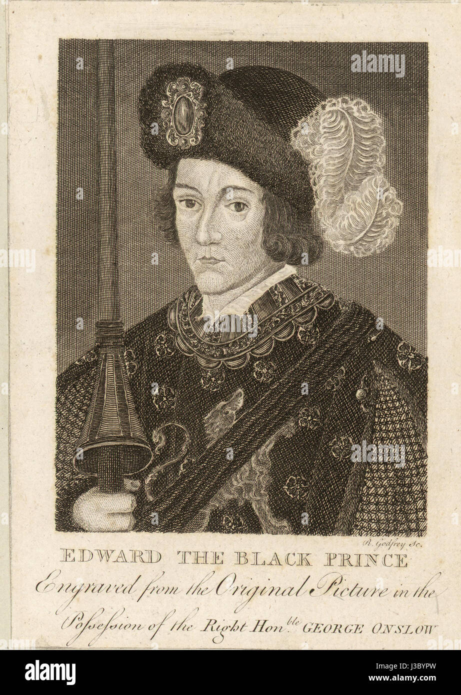 This engraving depicts Edward the Black Prince, the son of King Edward ...