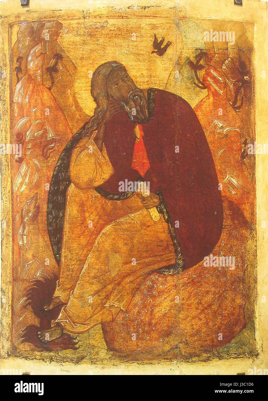 This artwork depicts the biblical prophet Elijah, shown in a 15th ...