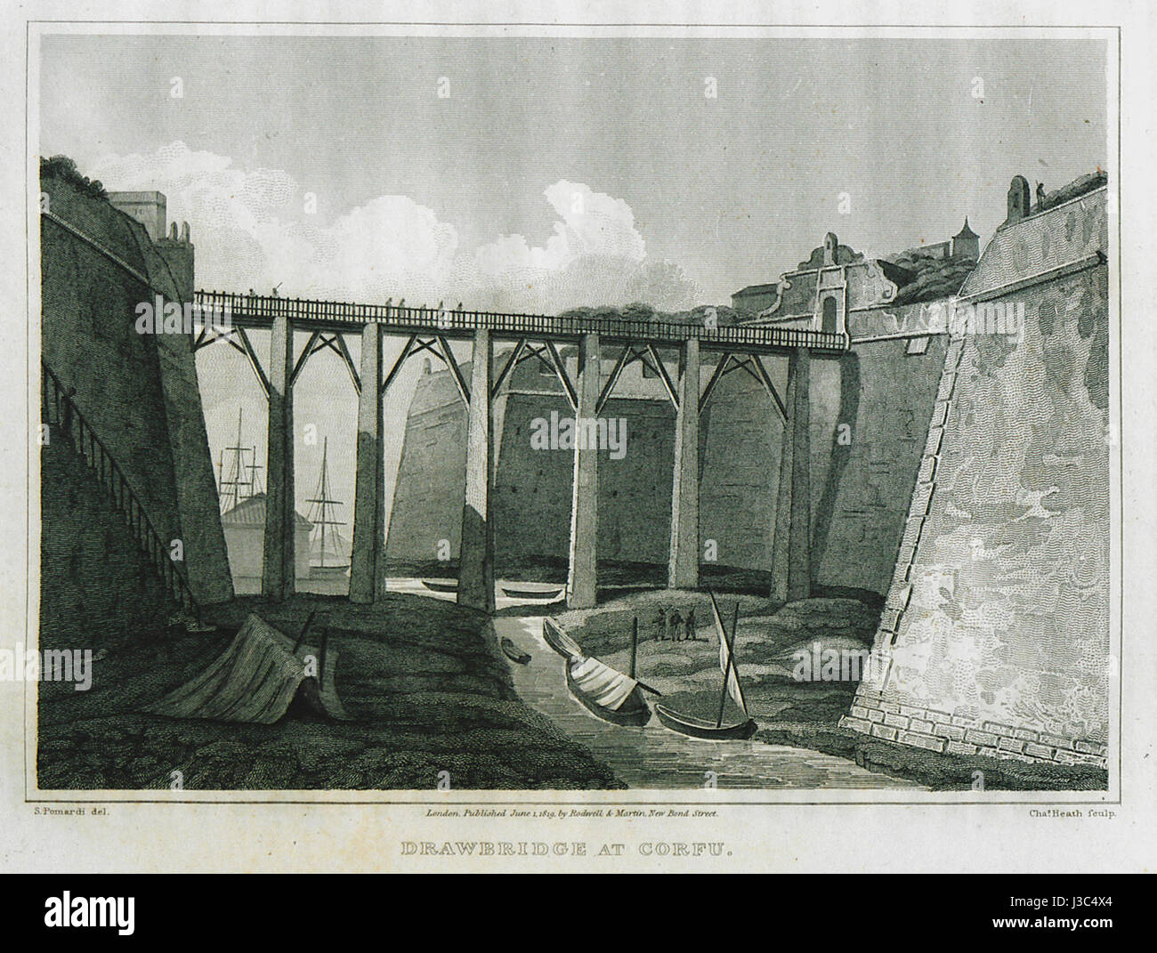 The 1819 drawing by Edward Dodwell depicts a drawbridge on the island ...