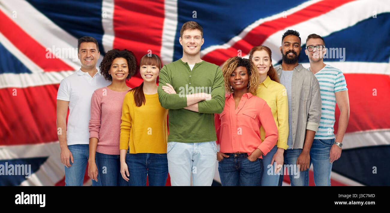 group of international people over english flag Stock Photo - Alamy