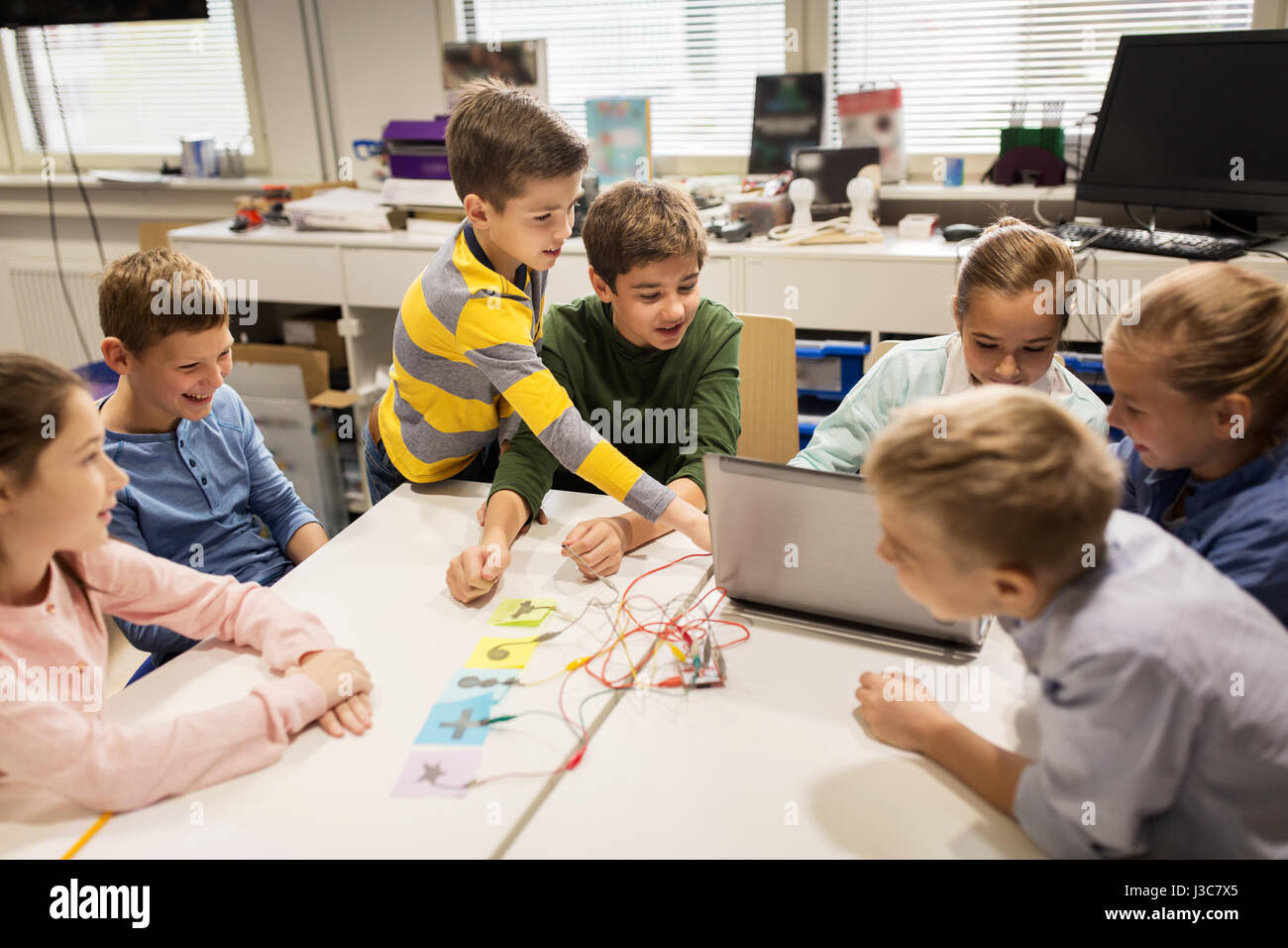 kids, laptop and invention kit at robotics school Stock Photo - Alamy