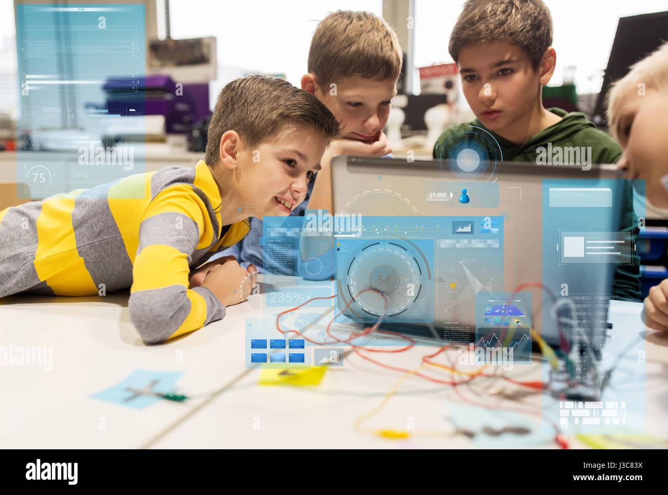 kids, laptop and invention kit at robotics school Stock Photo - Alamy
