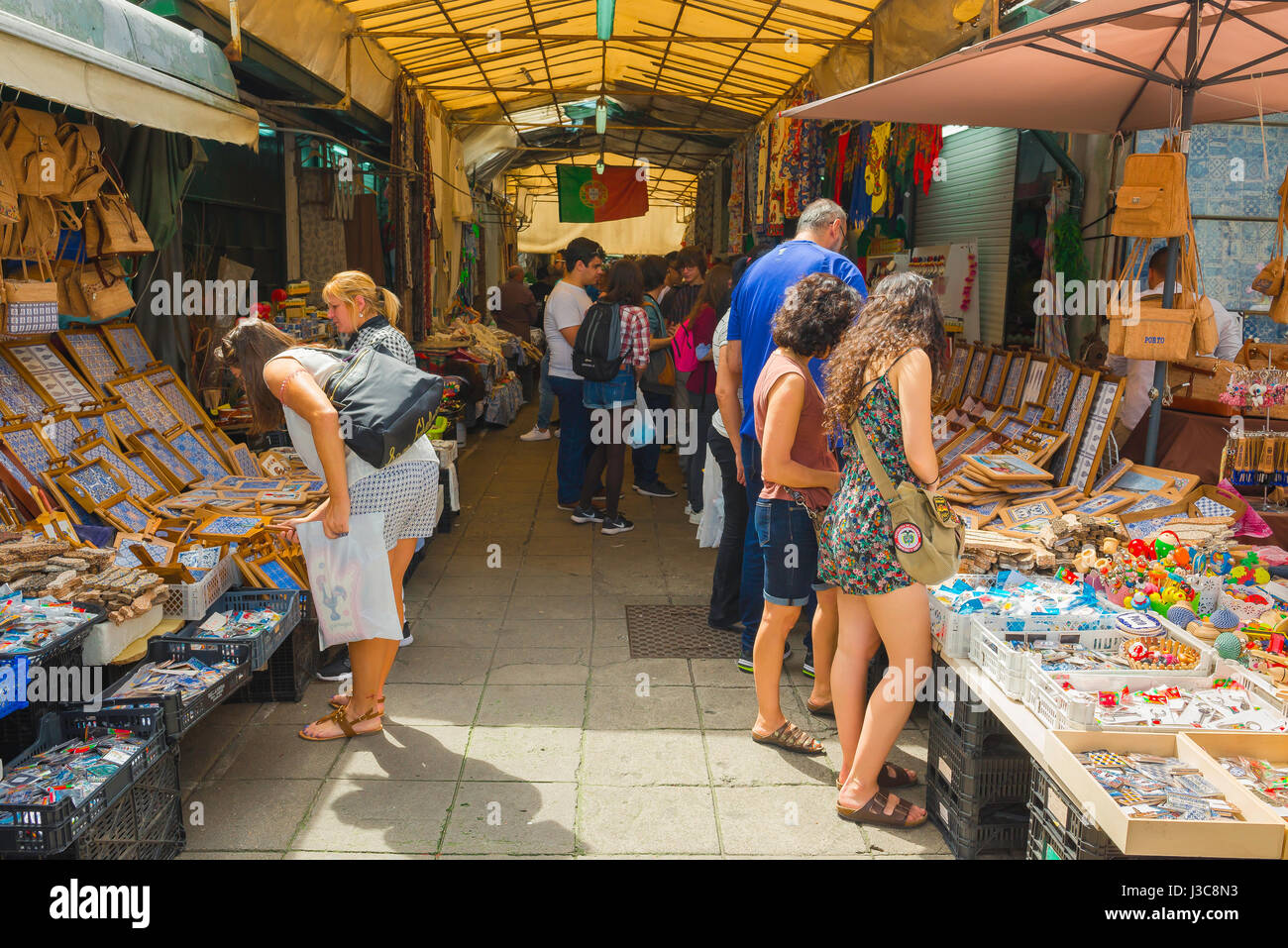 Bolhao Market Porto, view of tourists looking at goods for sale on ...