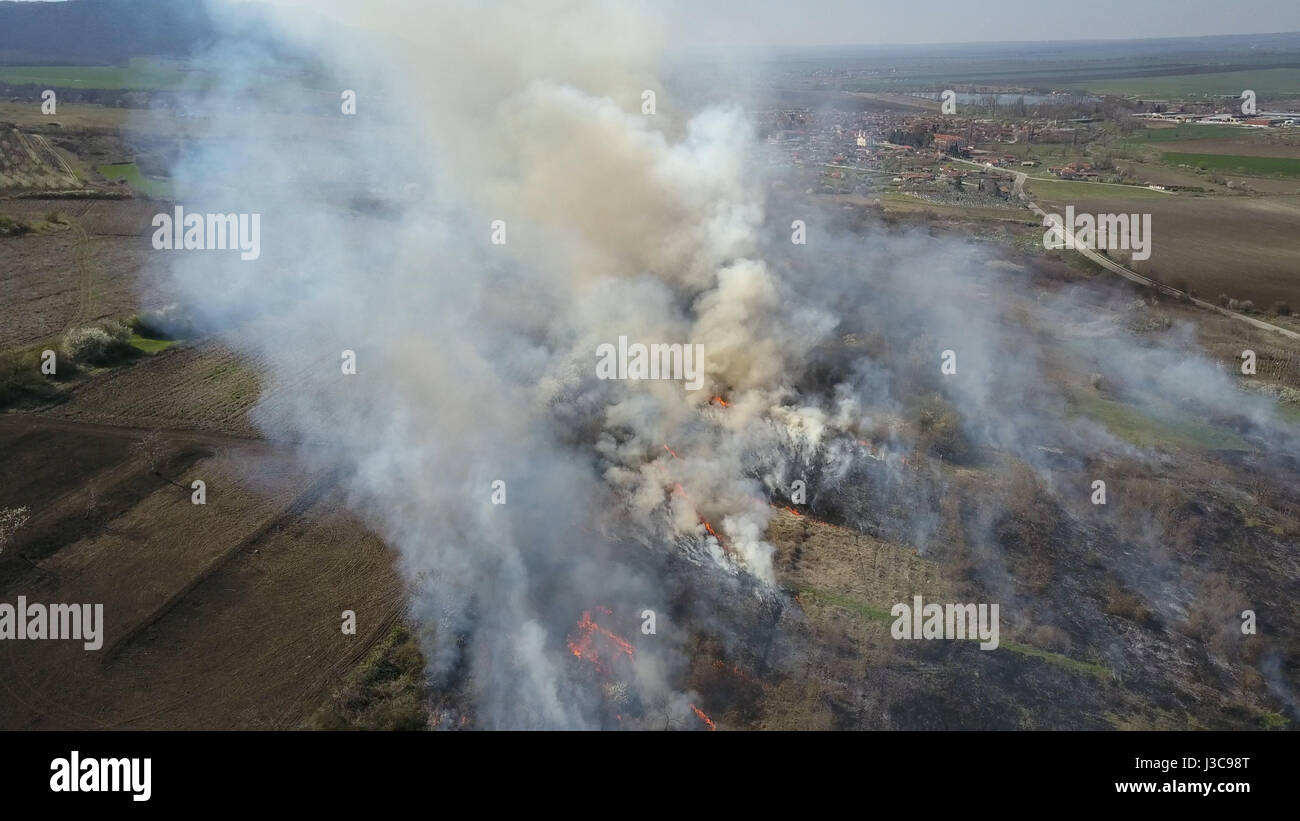 Fire burns in the forest above a village of Bozveliisko, some 60 km ...