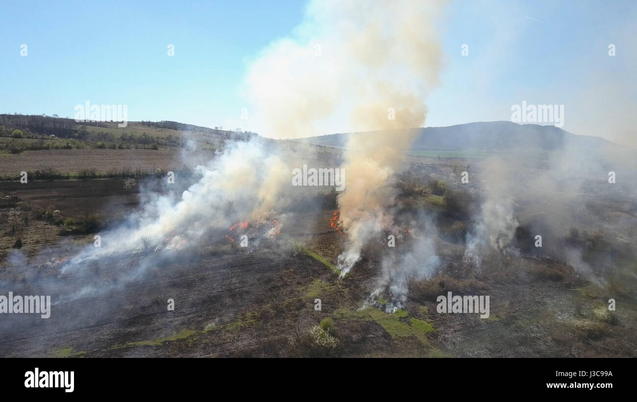 Fire burns in the forest above a village of Bozveliisko, some 60 km ...