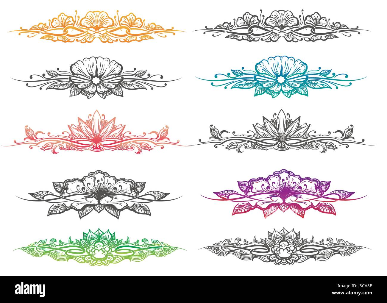 Set of hand drawn dividers and headers. Leaves, flowers, curly branches ...